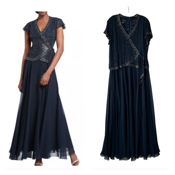J Kara | Dresses | Nwt Jkara Beaded Flutter Sleeve Evening Gown Dress ...